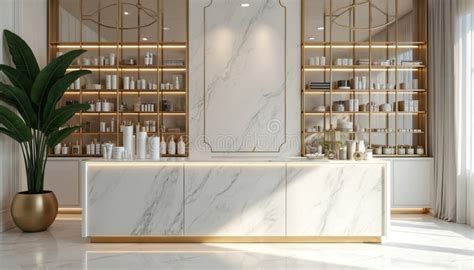 Luxury Cosmetic Shop Interior With Marble Counter Gold Shelving Display Of Skincare Bottles