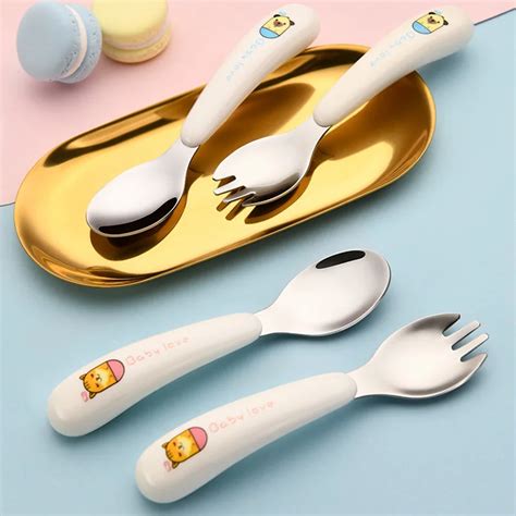 어린이 식기 세트 귀여운 만화 패턴 304 스테인레스 스틸 유아 음식 먹이 숟가락 포크 아기 식기를 먹는 법을 배웁니다숟가락