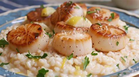 Parmesan Risotto Topped With Lemon Butter Scallops Luxurious Seafood