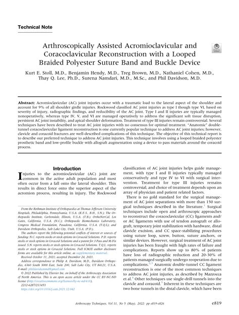 Pdf Arthroscopically Assisted Acromioclavicular And Coracoclavicular Reconstruction With A