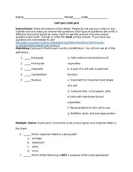 Cells Quiz By Lance Bennett TPT