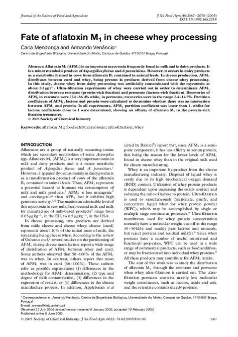 Pdf Fate Of Aflatoxin M1 In Cheese Whey Processing