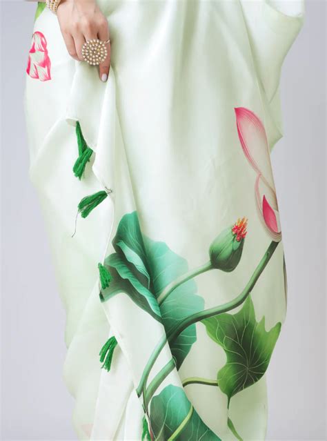 Light Pista Floral Prints Heavy Japan Satin Saree With Unstitched