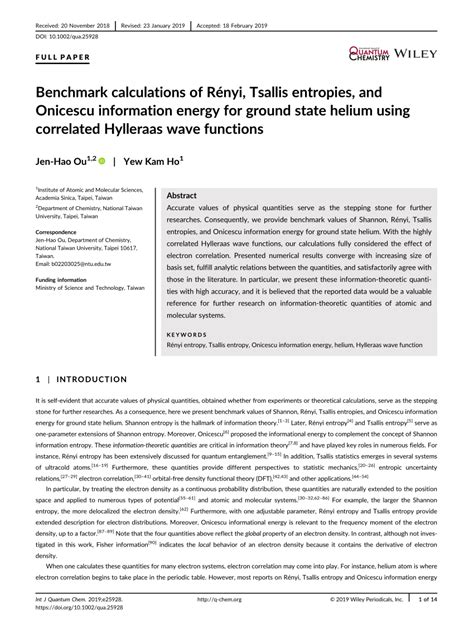 Pdf Benchmark Calculations Of Rényi Tsallis Entropies And Onicescu