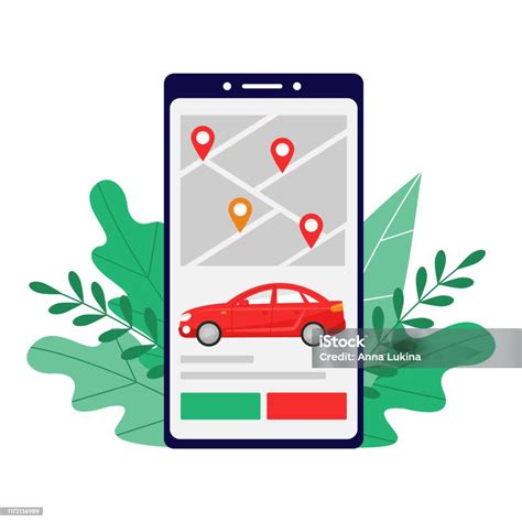 스마트 시티 교통 벡터 일러스트 개념 스마트 폰의 화면에서 공유 온라인 빨간 자동차 세단 방문 페이지 템플릿 Ui 웹 모바일 앱 포스터 배너 전단지에 사용할 수 있습니다