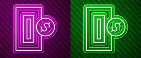빛나는 네온 라인 손 보라색과 녹색 배경에 고립 된 자동 판매기 또는 아케이드 기계 아이콘의 슬롯에 동전을 삽입합니다 벡터 건강관리와 의술에 대한 스톡 벡터 아트 및 기타
