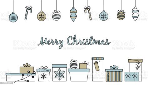 메리 크리스마스 테두리는 흰색 파란색과 베이지 색으로 장식 된 다양한 장식 된 선물 상자와 흰색 배경에 고립 된 보블을 매달아 놓습니다 인사말 카드 배너 초대장 인쇄물을위한