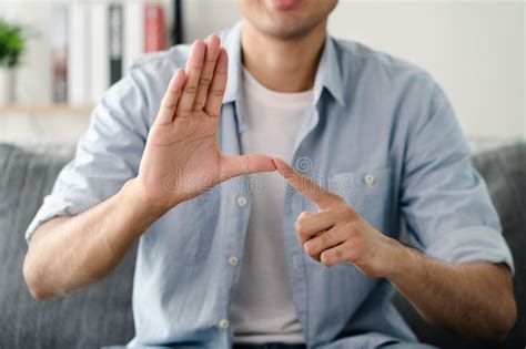 Happy Young Deaf Man Using Sign Language To Communicate With Other People Stock Image Image Of