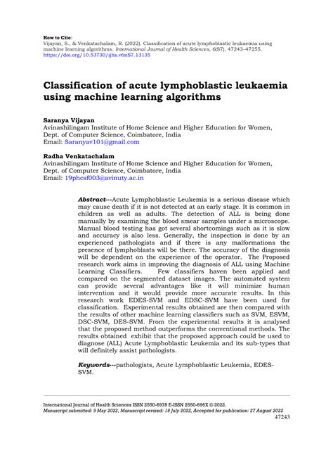 Pdf Classification Of Acute Lymphoblastic Leukaemia Using Machine Learning Algorithms