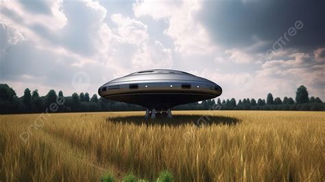 빈 들판에 앉아있는 Ufo 필드에 3d 렌더링 금속 Ufo 또는 외계인 우주선 고화질 사진 사진 우주선 배경 일러스트 및