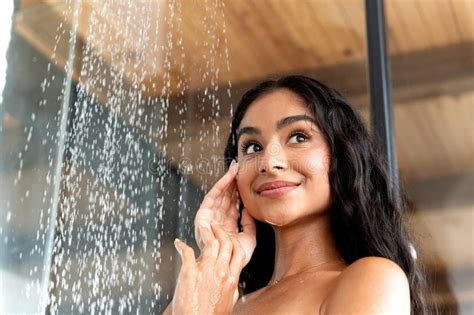 Showering Beautiful Indian Woman With Long Hair Taking Shower In