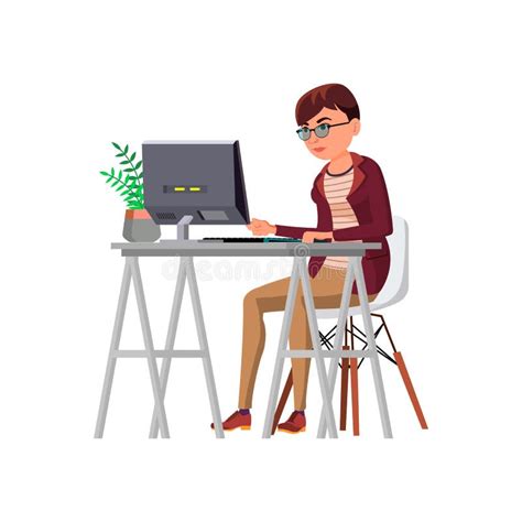 Serious Caucasian Woman Typing Message On Computer Cartoon Vector Stock Vector Illustration Of