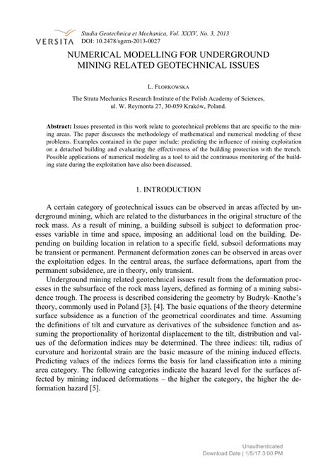 Pdf Numerical Modelling For Underground Mining Related Geotechnical Issues