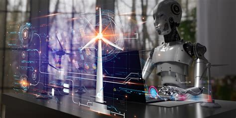 데이터 분석을 돕기 위해 인공지능 Ai를 활용한 에너지 절약형 데이터 분석 결과를 표시하는 홀로그램 화면입니다 휴머노이드 로봇과