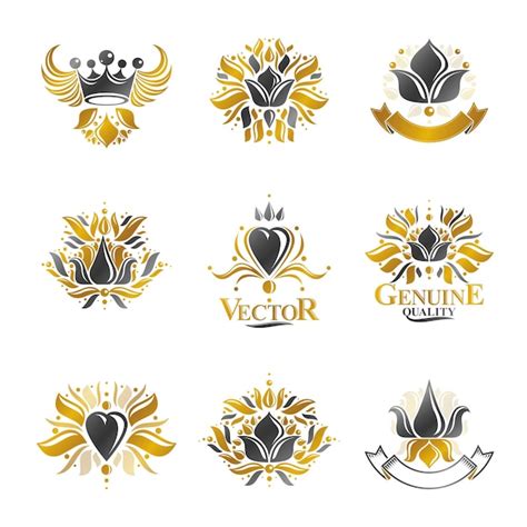 왕실의 상징 꽃 꽃 왕관 엠블럼 세트 전 령 벡터 디자인 요소 컬렉션입니다 레트로 스타일 레이블 문장 로고