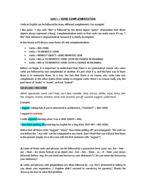 Unit 1 Verb Complementation Pdf Verb Linguistics
