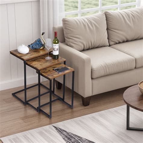 Stackable Coffee Table Brown Nesting Side Table Set Of Three C Shaped