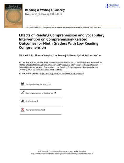Pdf Effects Of Reading Comprehension And Vocabulary Intervention On Comprehension Related