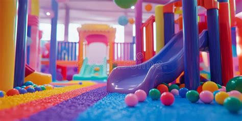 Colorful Indoor Playground Room With Rainbow Slides Ball Pit And Soft