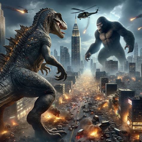 Epic Battle Between Giant Dinosaur And Colossal Ape In City Ai Art