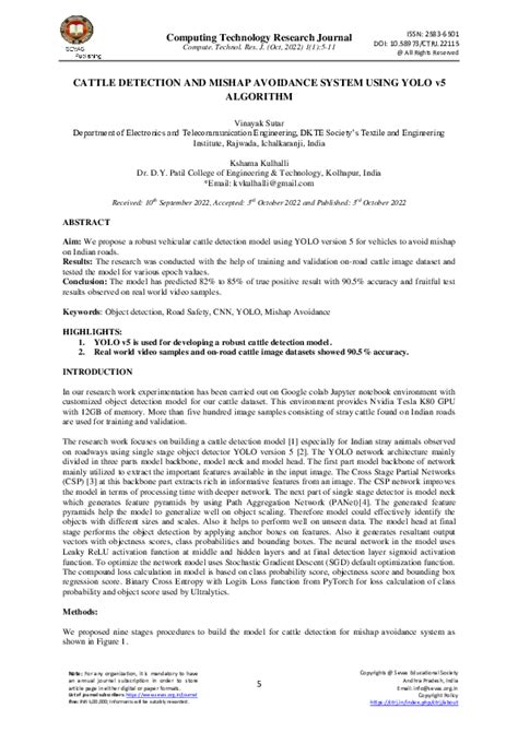 Pdf Cattle Detection And Mishap Avoidance System Using Yolo V5 Algorithm