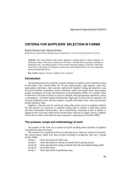 Criteria For Suppliers Selection In Farms