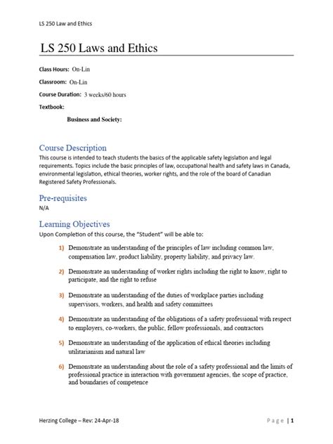 College Syllabus Example Pdf Occupational Safety And Health