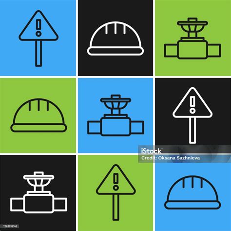 삼각형 산업 파이프 및 밸브 및 작업자 안전 헬멧 아이콘으로 라인 느낌표 설정 벡터 건설 산업에 대한 스톡 벡터 아트 및 기타