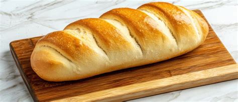 A Loaf Of Golden Brown Bread Rests On A Wooden Cutting Board Stock