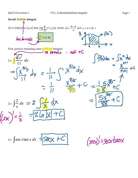 Mat126 Lecture 5 Ftc And Integrals Overview And Examples Studocu