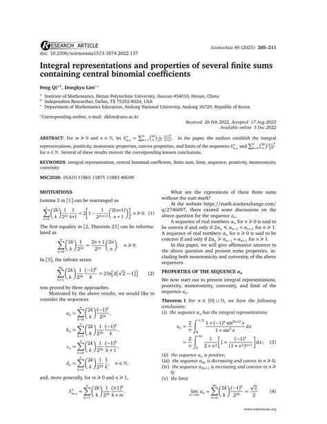 Pdf Integral Representations And Properties Of Several Finite Sums Containing Central Binomial