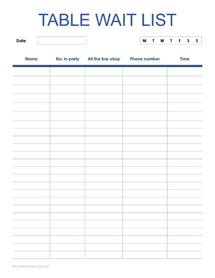 Free Restaurant Waitlist Templates Excel Word