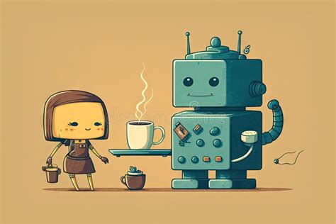 Cute Robot Assistant Bringing Coffee To Busy Office Worker Stock