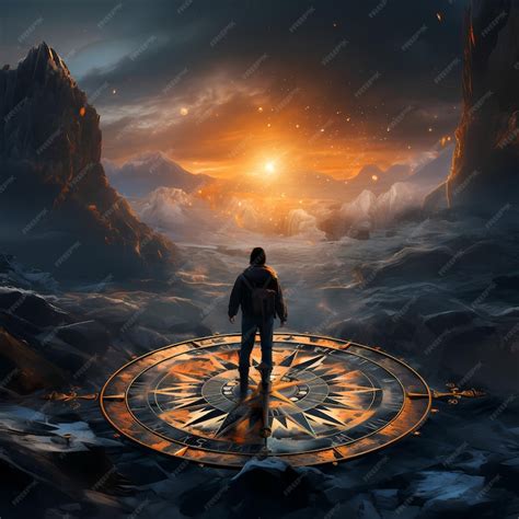 Premium Ai Image Person Standing On A Big Compass On The Ground Watching The Sunset Among The