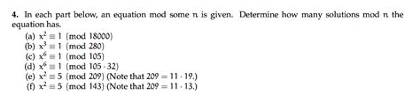 Solved 4 In Each Part Below An Equation Mod Some N Is Chegg Com
