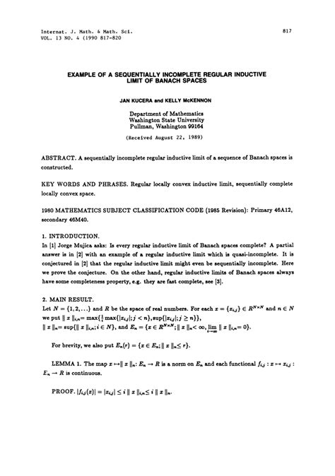 Pdf Example Of A Sequentially Incomplete Regular Inductive Limit Of Banach Spaces