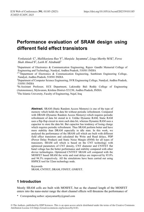 pdf performance evaluation of sram design using different field