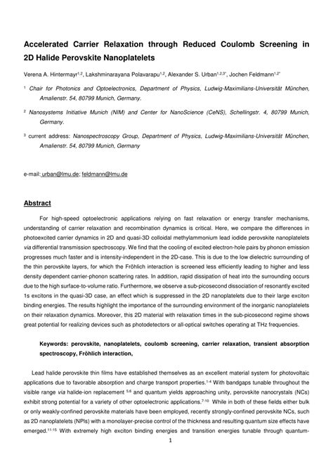 Pdf Accelerated Carrier Relaxation Through Reduced Coulomb Screening In 2d Halide Perovskite