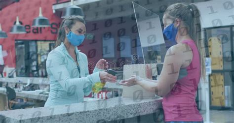 Animation Of Binary Coding Over Caucasian Female Worker With Face Mask