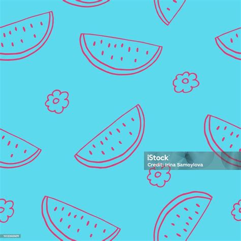 수박 이음새가 없는 무늬 낙서 스타일로 손으로 그린 벡터 일러스트레이션 미니멀리즘 벽지 섬유 포장지 배경 육즙이 많은 신선한 과일 여름 음식 건강한 식생활에 대한 스톡 벡터