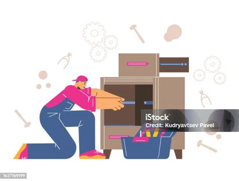 가구를 조립하는 남자 하얀 배경에 분리된 평면 벡터 그림 전문 가구 조립 서비스 도구 상자 설치 드레서가 있는 핸디맨 가구에 대한 스톡 벡터 아트 및 기타 이미지 Istock