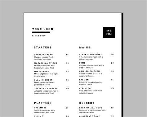 Restaurant Menu Template Editable Food Menu Template Restaurant Food Menu Customizable Food