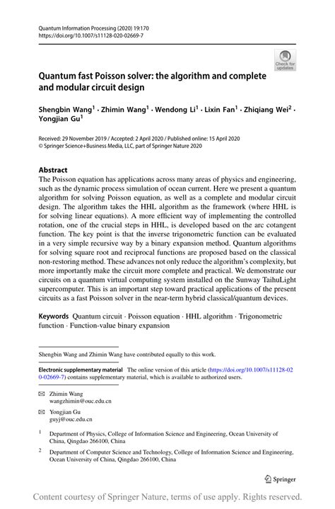 Quantum Fast Poisson Solver The Algorithm And Complete And Modular Circuit Design Request PDF