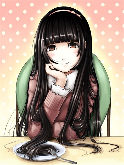 Safebooru Bangs Black Hair Blunt Bangs Brown Eyes Chair Chin Rest