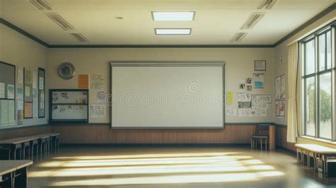A Bright Empty Classroom With A Projector Screen And Educational