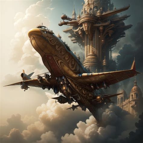 Premium Ai Image A Plane Is Flying In The Sky With A Large Building In The Background