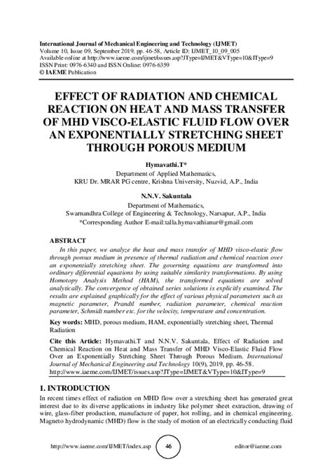 Pdf Effect Of Radiation And Chemical Reaction On Heat And Mass Transfer Of Mhd Visco Elastic