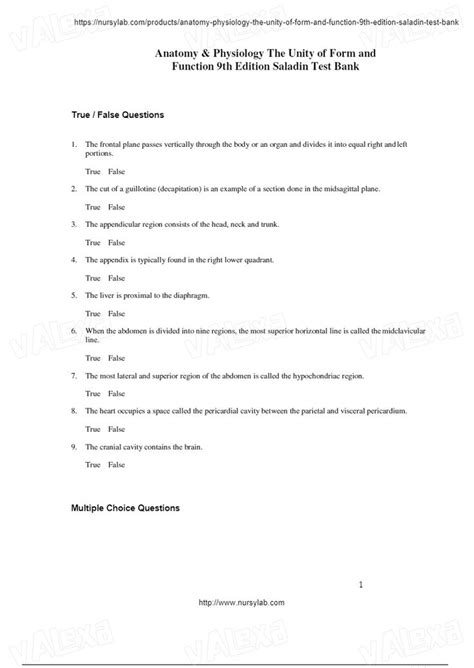 Anatomy And Physiology The Unity Of Form And Function 9th Edition Saladin Test Bank