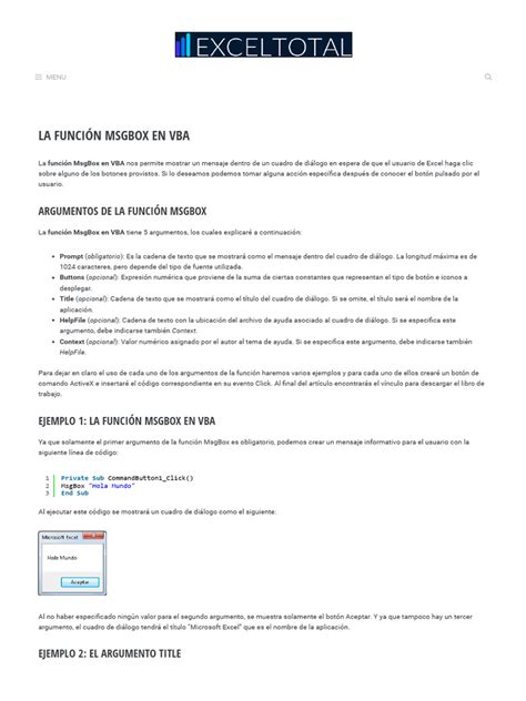 La Función Msgbox En Vba Excel Total Pdf Archivo De Computadora
