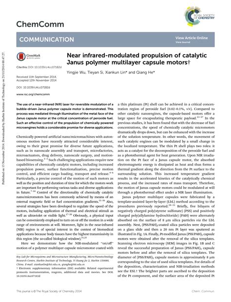 Pdf Near Infrared Modulated Propulsion Of Catalytic Janus Polymer